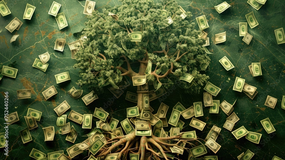 Roots and branches of money tree on textured surface - Expansive ...