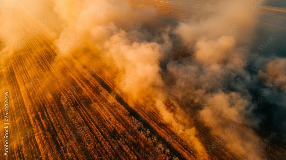 Wheat field on fire with bright flames consuming crops, creating a ...