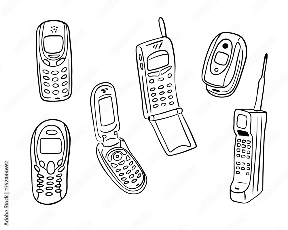 Hand drawn doodle set of retro cell phones. Vector contour doodle ...