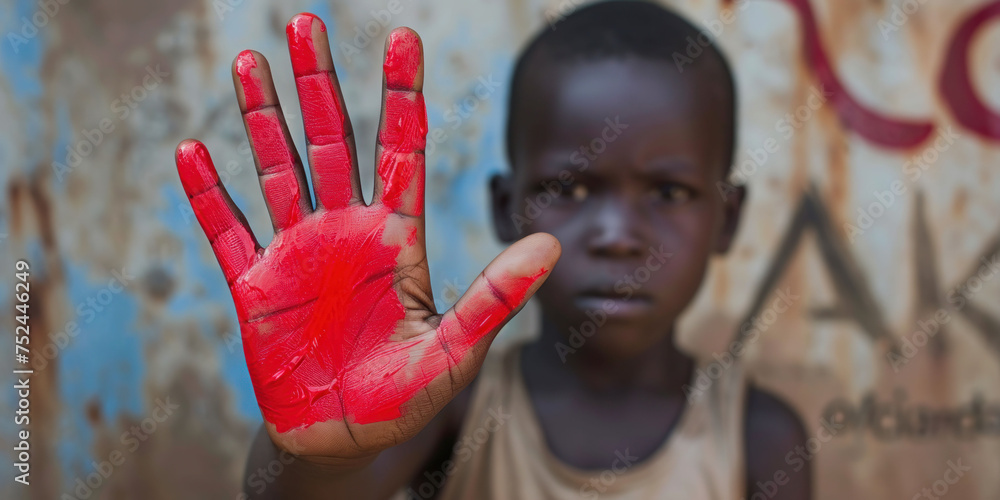afro american boy with raised red hand on background biton wall ...