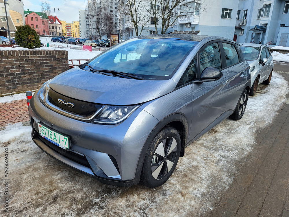 Minsk, Belarus. Jan 28. 2024. BYD Dolphin atlantis grey colour parked ...