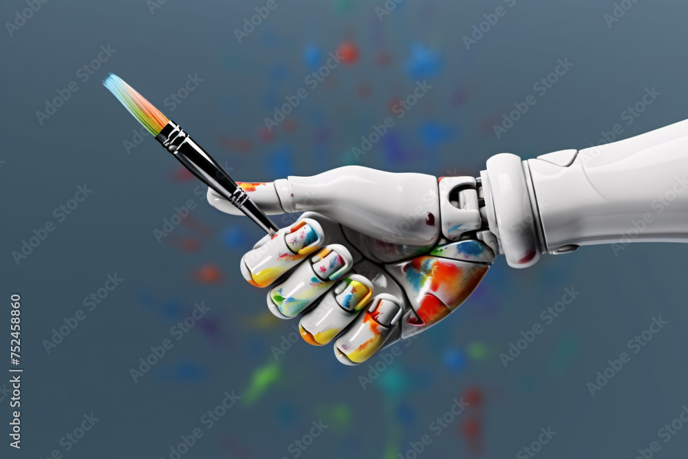 AI robot hand holding paint brush, artificial intelligence as an artist ...
