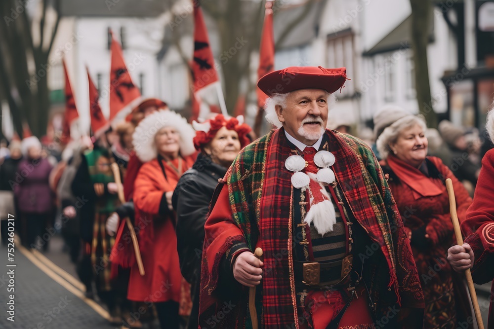 St. David's Day parade with people dressed in traditional Welsh ...