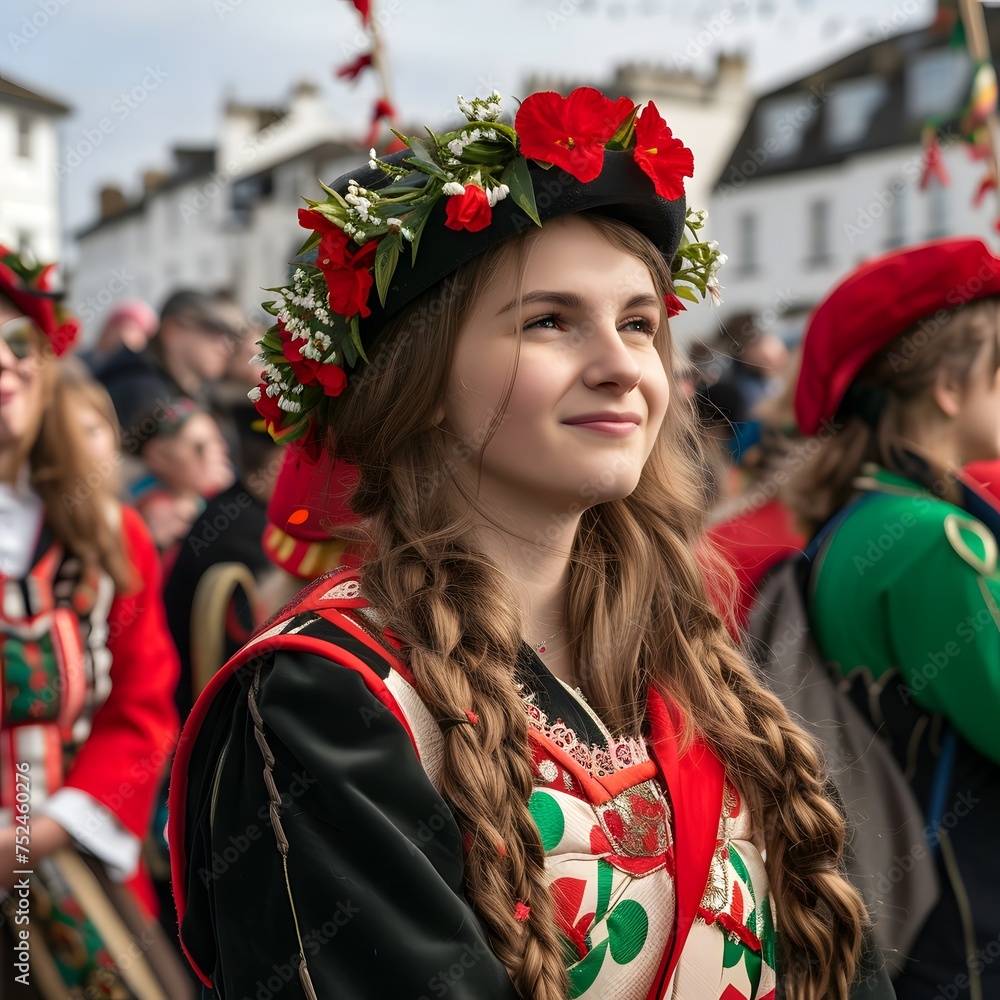 St. David's Day parade with people dressed in traditional Welsh costumes, Cultural celebration ...