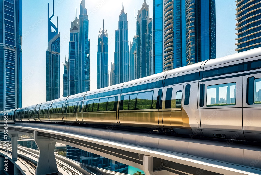 Train on monorail of Dubai modern subway at urban skyscrapers ...
