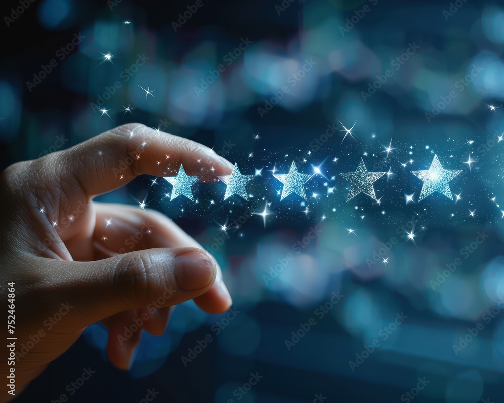 Digital hand hovering over a 5-star review button in a virtual shopping ...