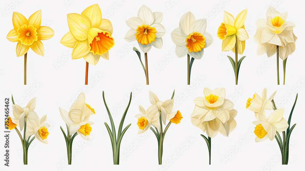 Vector set of yellow daffodils isolated on white background. Early ...