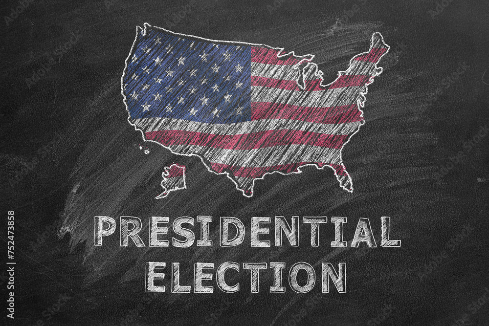 The inscription PRESIDENTIAL ELECTION and map of US in the colors of ...