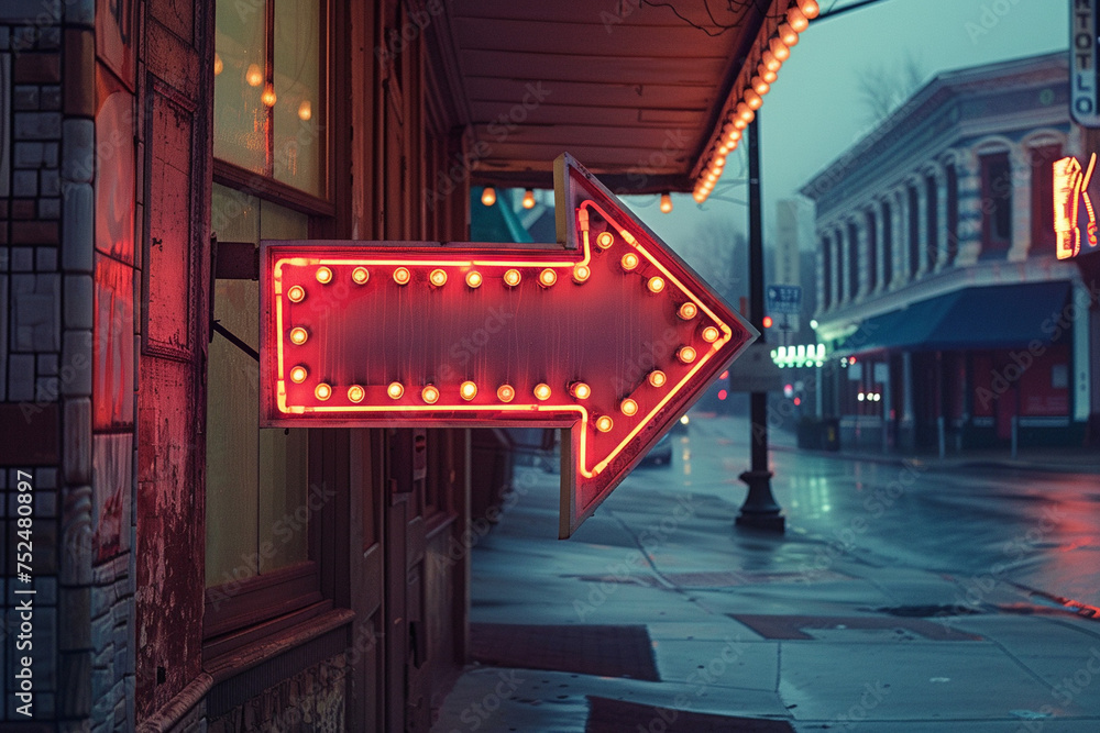 Vintage Neon Arrow Marquee Sign Illuminating Theater Entrance ...
