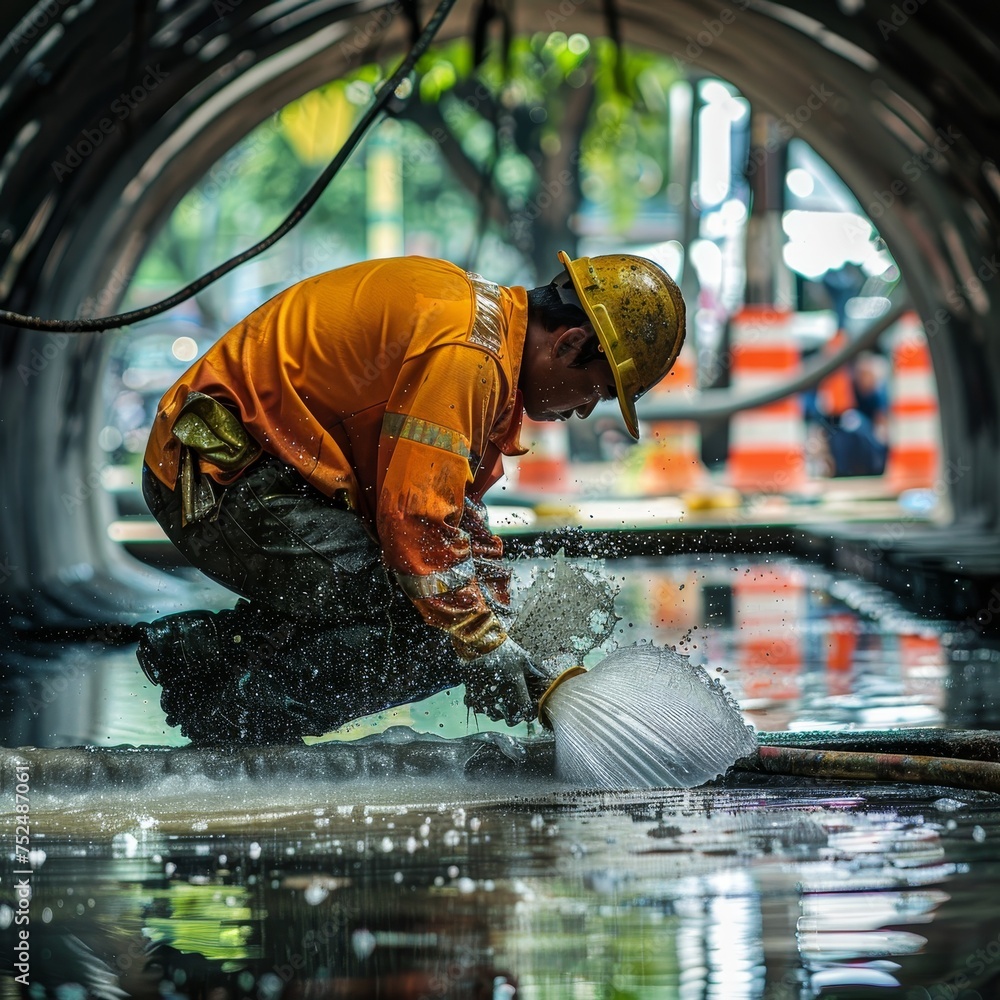 A construction worker in vivid yellow cleans a flooded drain amidst ...