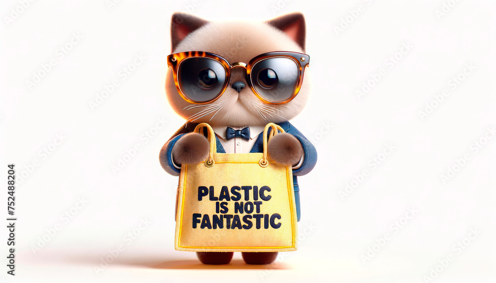 Respectable animated cat in glasses, suit and bow tie with eco bag ...