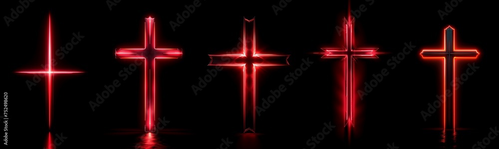 Red neon glowing cross set. Symbol of the crucifixion of Jesus Christ ...