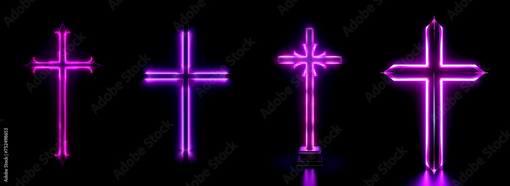 Purple neon glowing cross set. Symbol of the crucifixion of Jesus ...