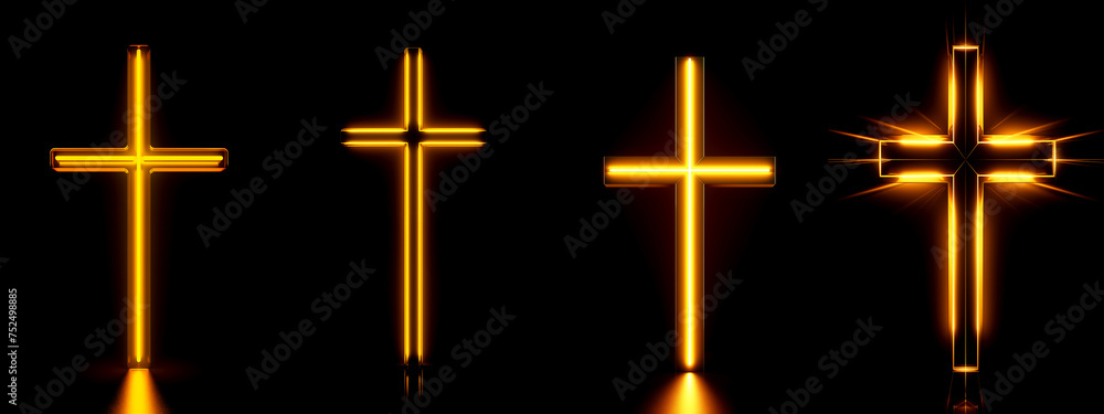 Yellow neon glowing cross set. Symbol of the crucifixion of Jesus ...