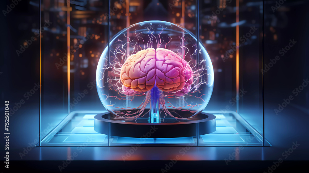 a human brain floating in mid-air, encased in a translucent sphere ...