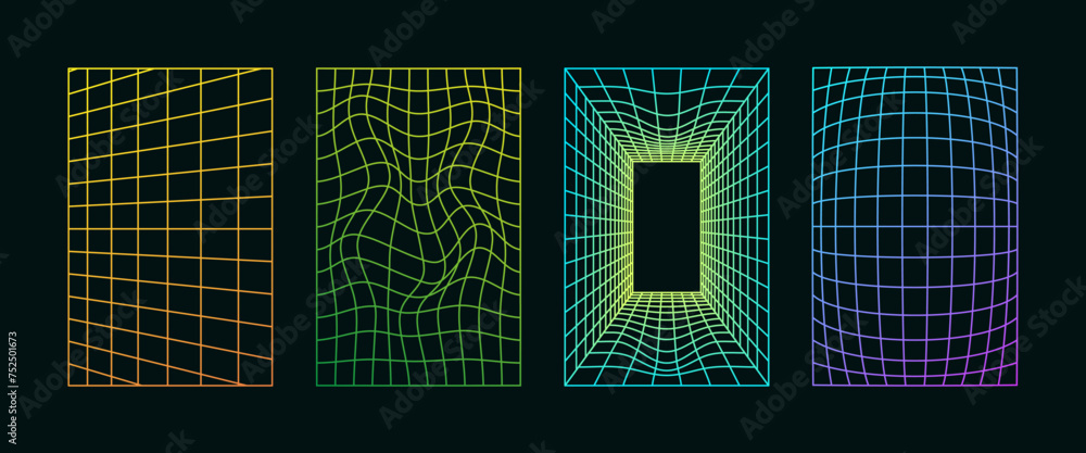Bright neon gradient distorted grids set. Warped and curved wireframe ...