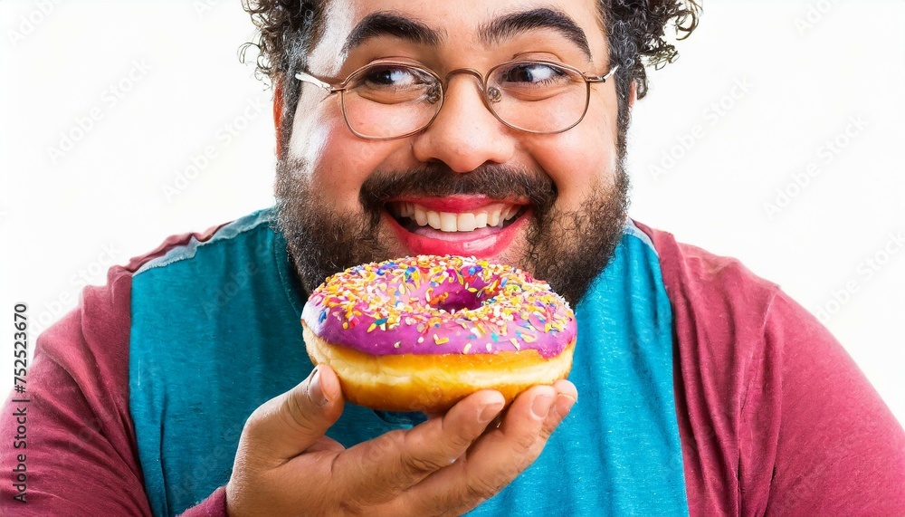 Funny man with obvious overweight devouring colorful donuts. Junk food ...