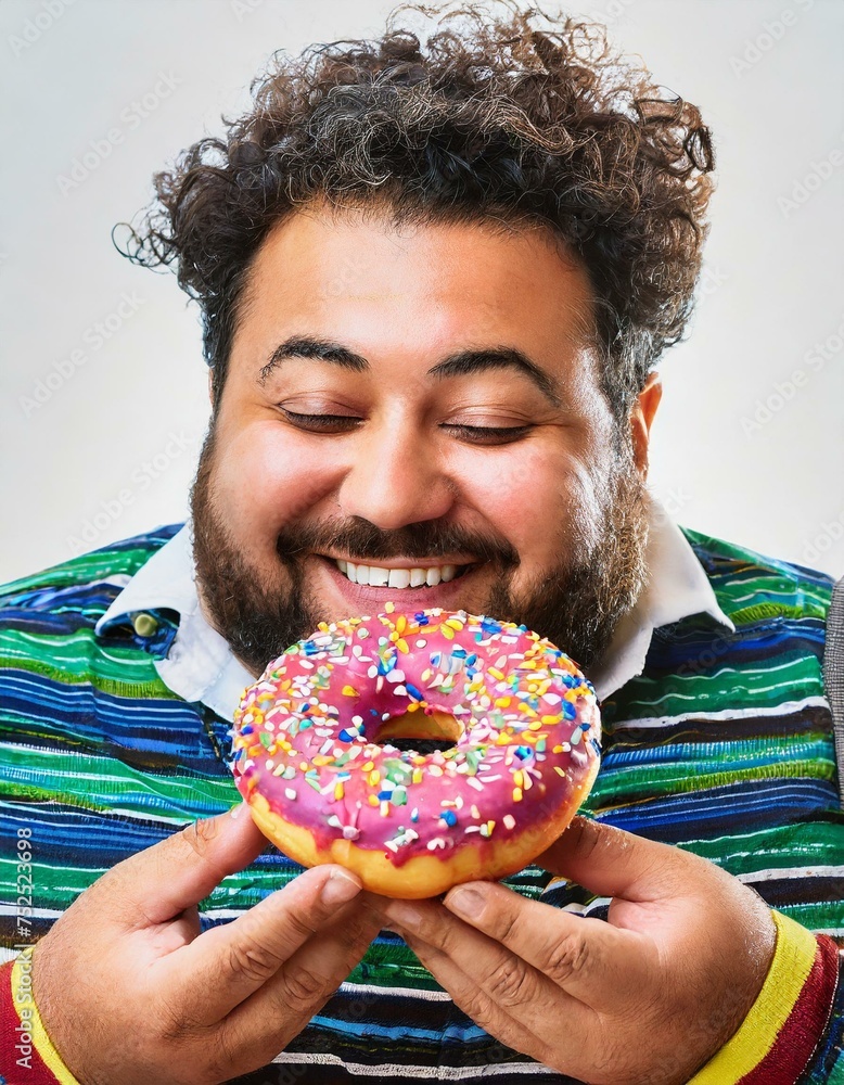 A chubby guy. Dangers of cholesterol. Unhealthy lifestyle. Fat man ...