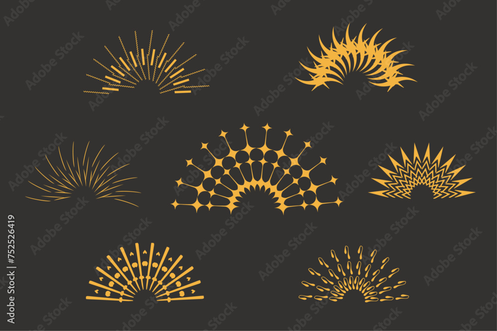 Retro sun burst with lines icons. Half circle with radial rays ...