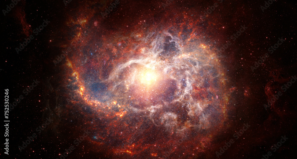 Beautiful night sky, red star and galaxy in the space. Collage on space ...