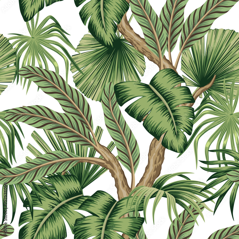 Tropical vintage palm leaves, tree floral seamless pattern white ...