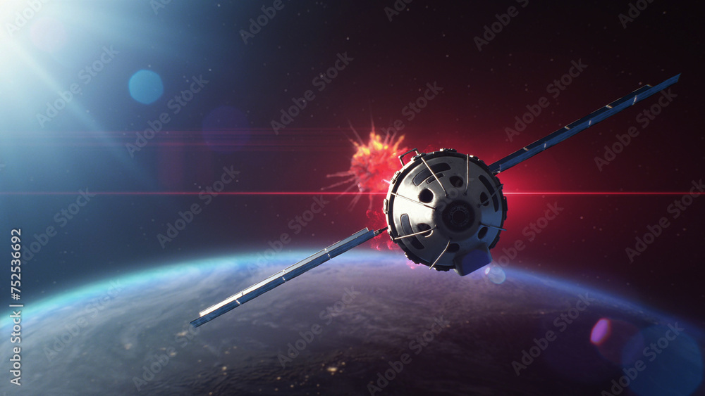 3D VFX graphics of satellite attacking another satellite with laser ...