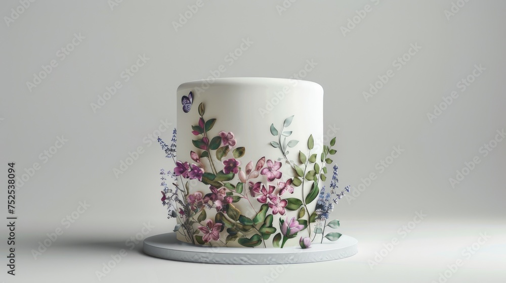 a monochromatic cake design, featuring elements of joyous flora and ...