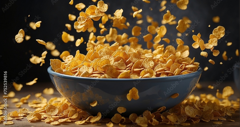 Compose an image of a bowl overflowing with cornflakes, capturing the ...