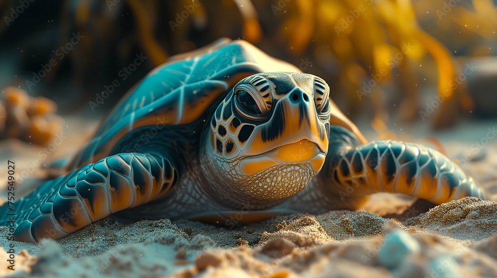 Sea turtles crawling down sand beach toward sea water summer. Family ...