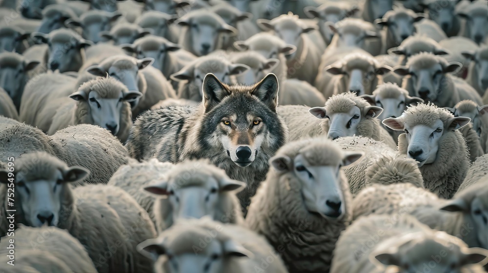 Wolf in sheep's clothing hiding among a flock of sheep.Concept photo of ...