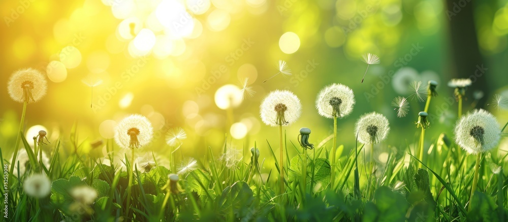 Beautiful dandelions in the lush green grass field with sun rays ...