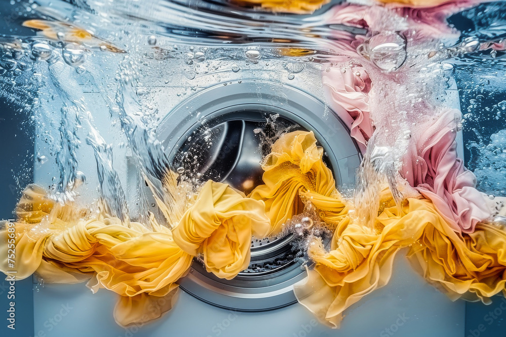 Brightly colored clothes tumbling in a washing machine with water and ...