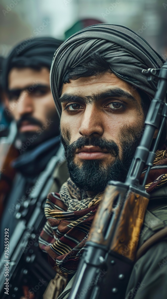 Iranian militiamen with weapons in their hands in an atmosphere of ...