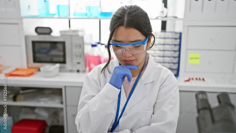 Excited young hispanic woman scientist, happily pointing finger upwards ...