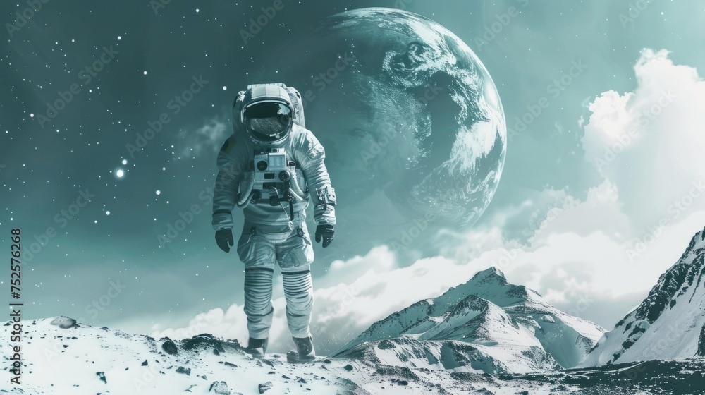 A drawing of an astronaut taking steps on another planet. An explorer ...