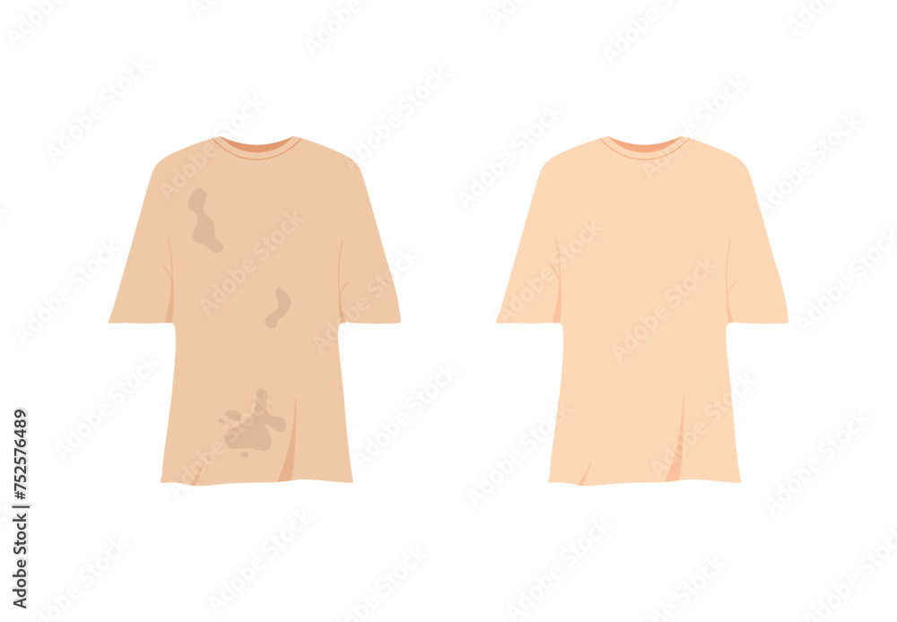 Dirty and clean garment. Untidy t-shirt with stains and cleanly washed ...