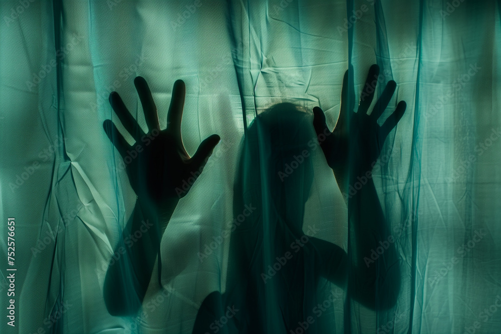 Fabric, screen and silhouette of horror hands on studio background for ...