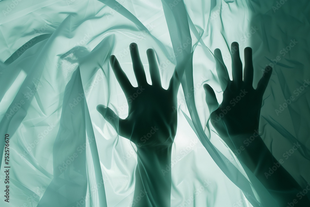Fabric, screen and silhouette of horror hands on studio background for ...