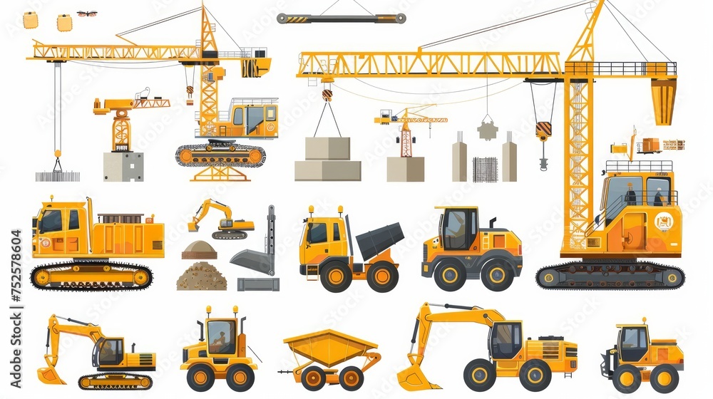 A set of construction machinery is designed in a flat style and ...