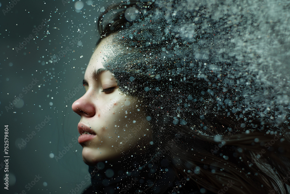 Foto de Surreal portrait of a woman disintegrating into particles ...