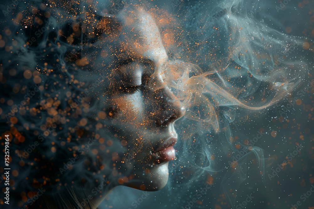 Surreal portrait of a woman disintegrating into particles, symbolizing ...