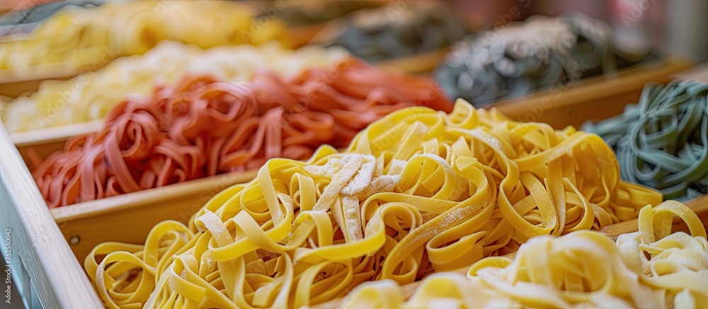 This close up showcases a variety of fresh Italian pasta, including ...