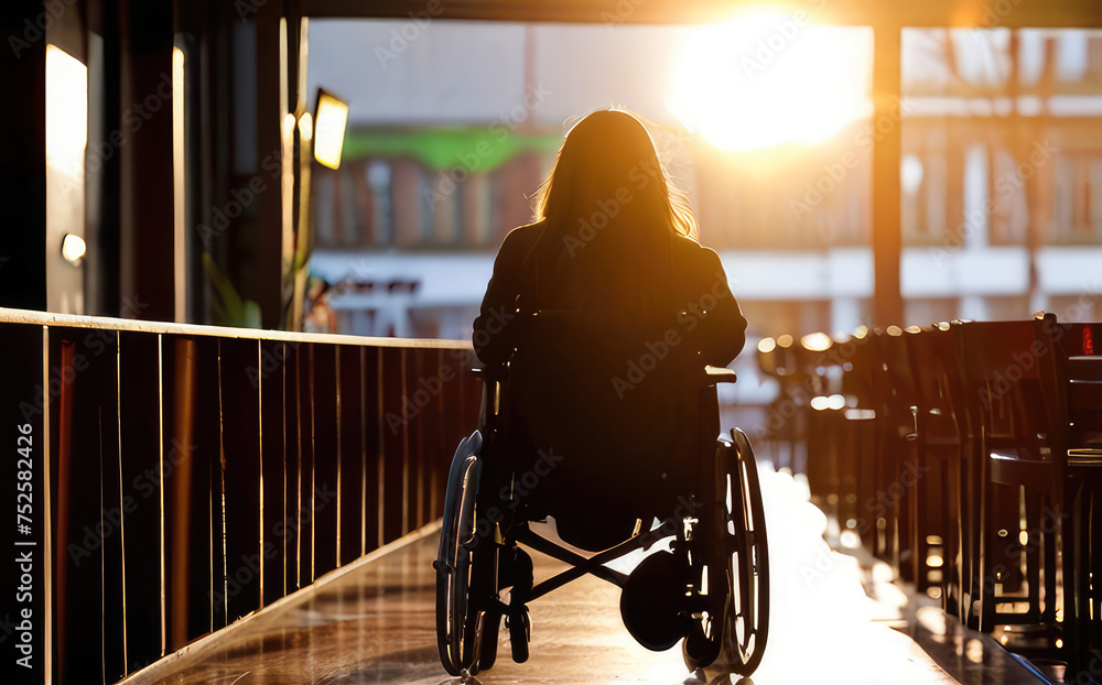 A disabled woman in a wheelchair on a ramp in the city. Support. Social ...