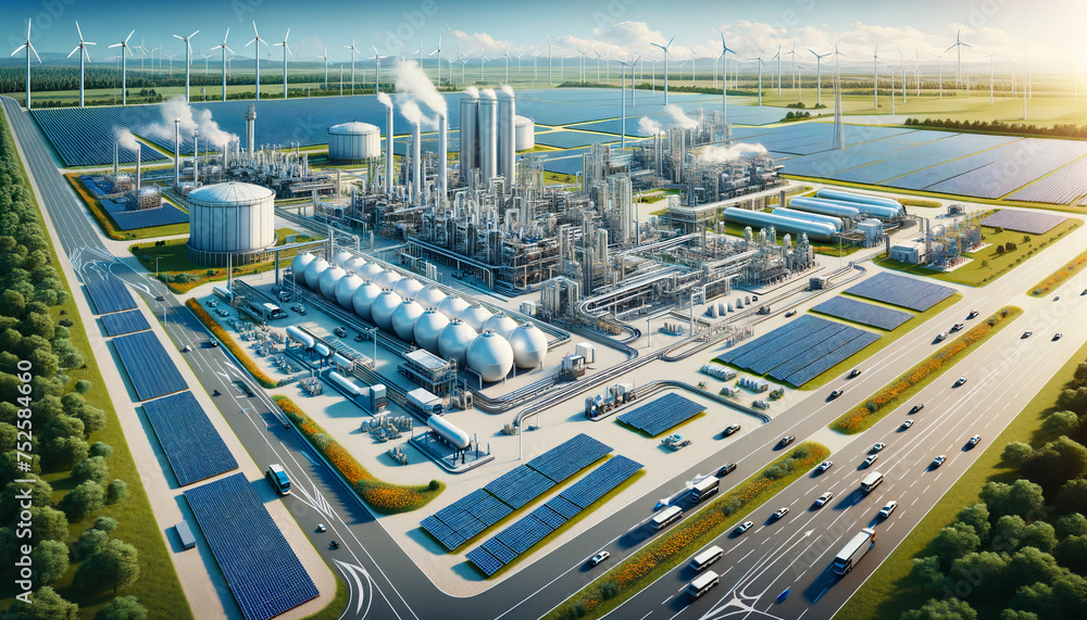 An expansive industrial complex dedicated to hydrogen energy, featuring ...