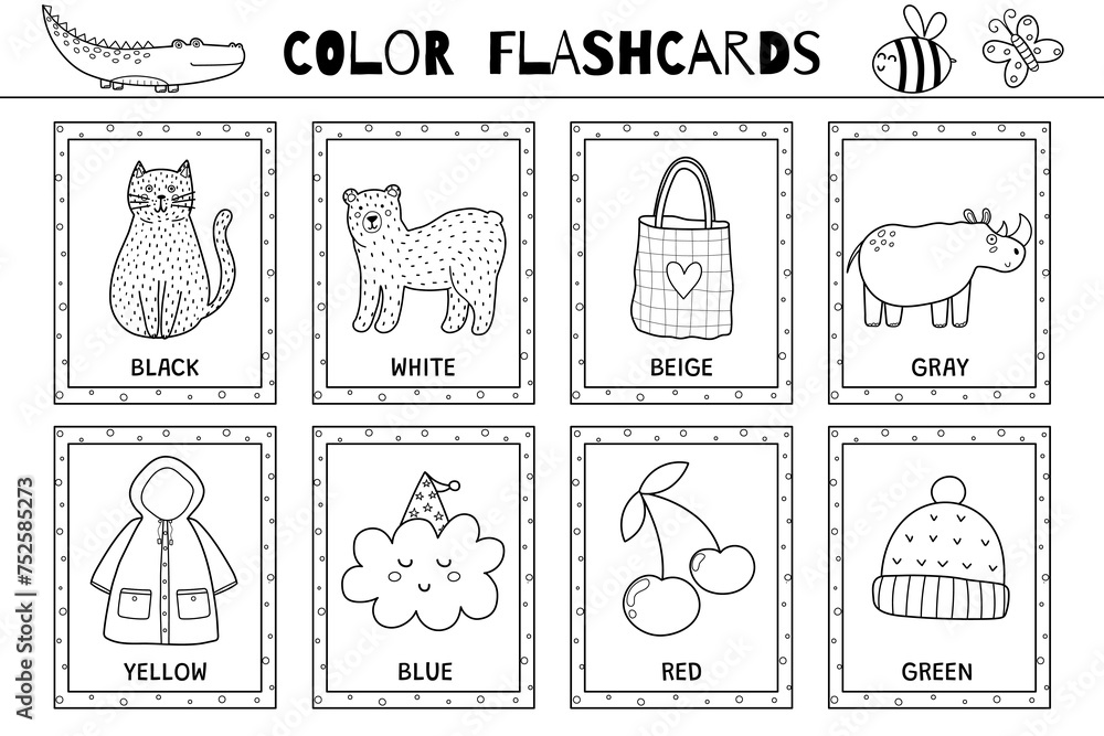 Basic colors flashcards black and white collection for kids. Flash ...