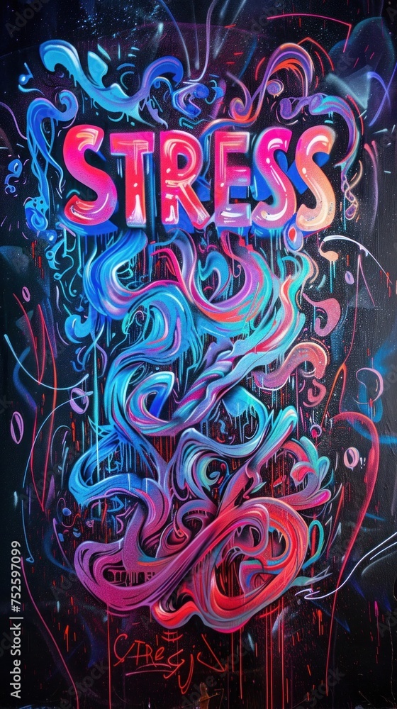 Ilustrace „"STRESS" is depicted in a neon graffiti style, radiating ...
