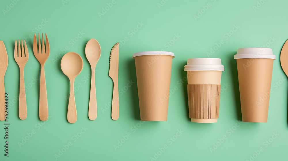 Paper utensils on green background. Paper cups and containers, wooden ...