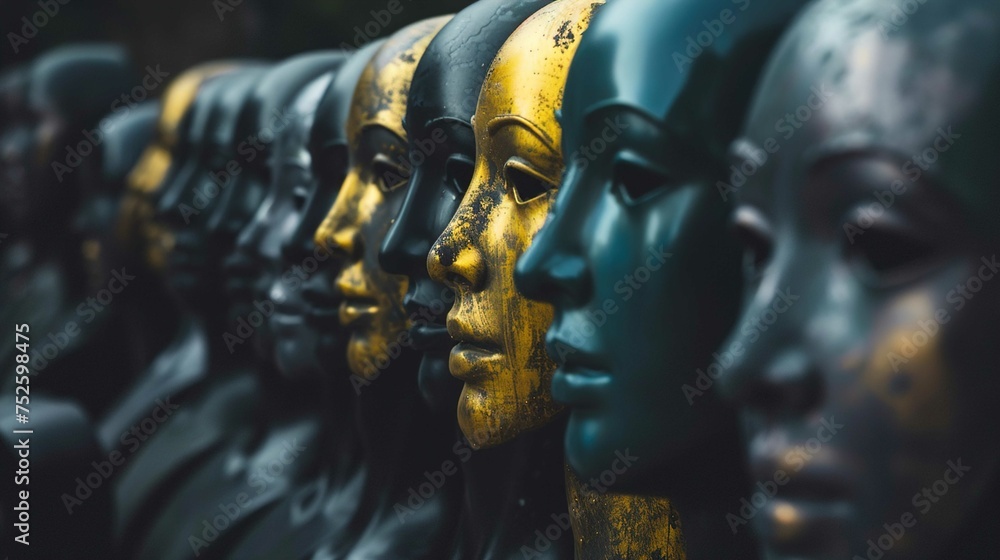 A row of identical metallic masks with a glossy finish. The masks ...