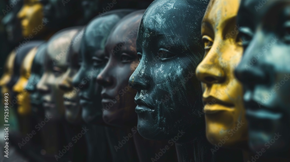 The image shows a series of glossy, stylized human face masks aligned ...