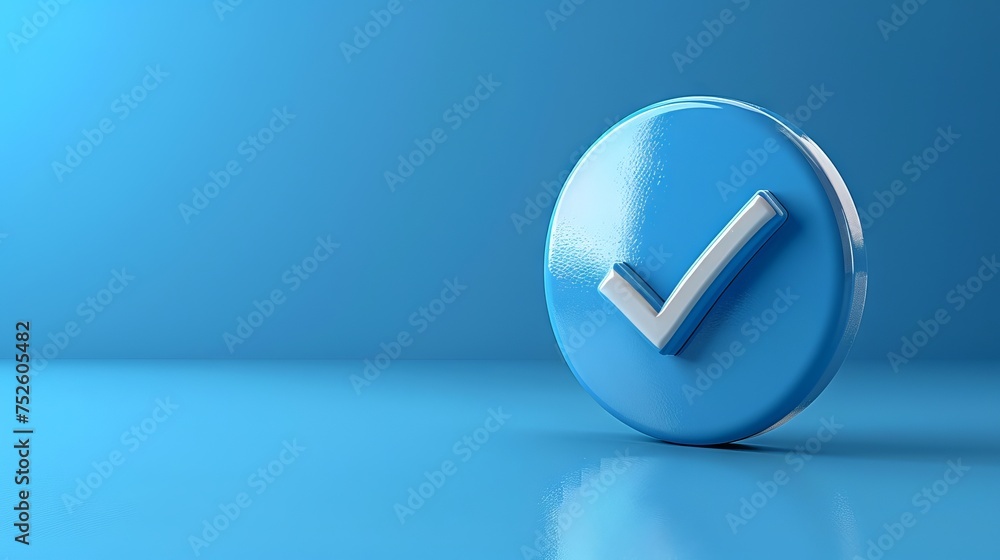 Blue checkmark on a circular base against a blue background. Blue ...